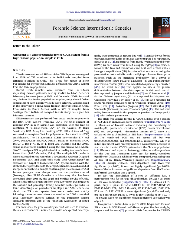 (PDF) Autosomal STR allele frequencies for the CODIS system from a ...
