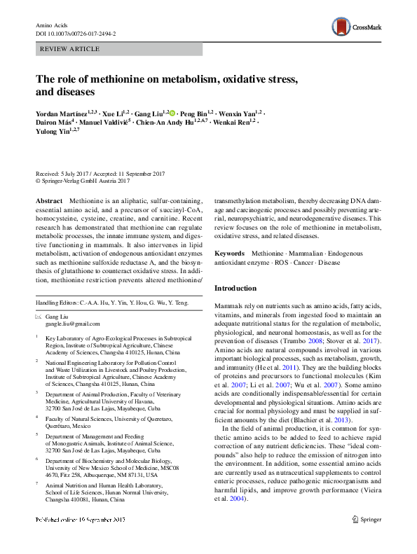(PDF) The role of methionine on metabolism, oxidative stress, and diseases