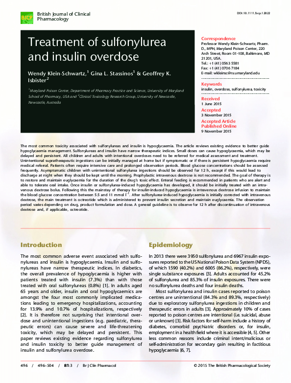 (PDF) Treatment of sulfonylurea and insulin overdose