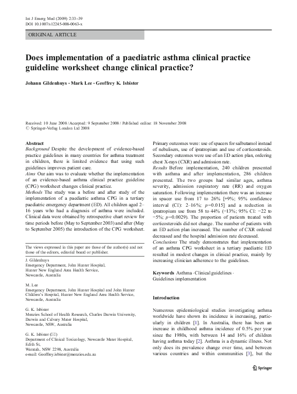 (PDF) Does implementation of a paediatric asthma clinical practice guideline worksheet change ...