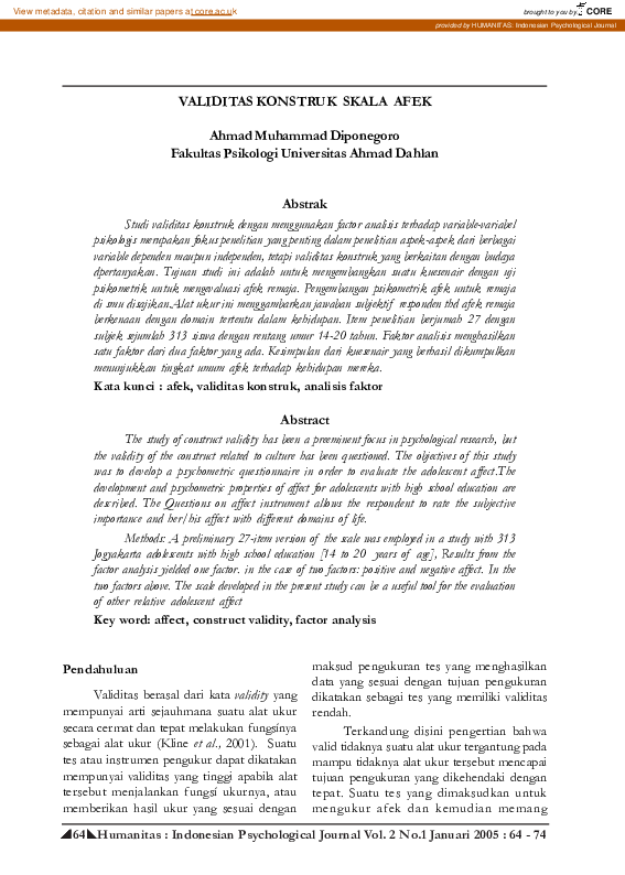 (PDF) Validitas Konstruk Skala Afek