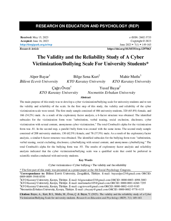 (PDF) The Validity and the Reliability Study of A Cyber Victimization ...