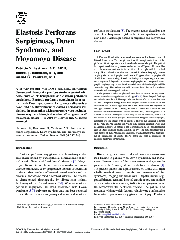 (PDF) Elastosis Perforans Serpiginosa, Down Syndrome, and Moyamoya Disease