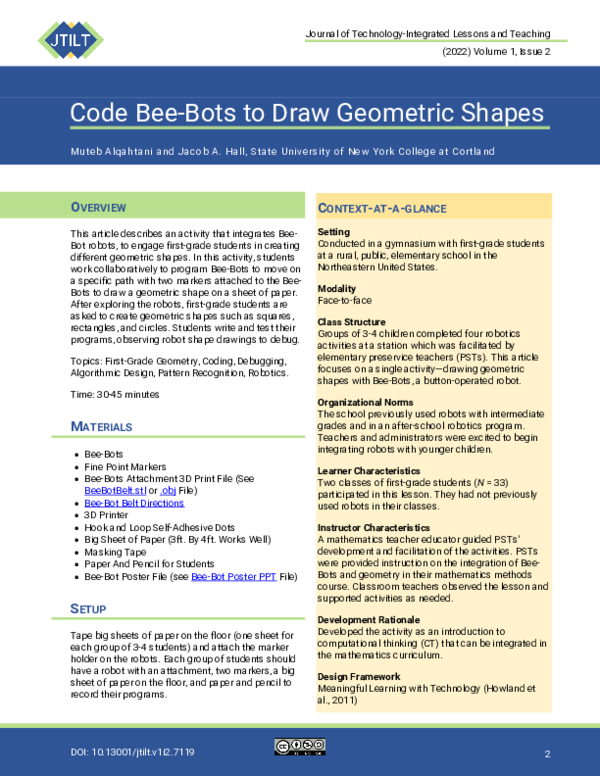 (PDF) Programming Bee-Bots to Draw Geometric Shapes