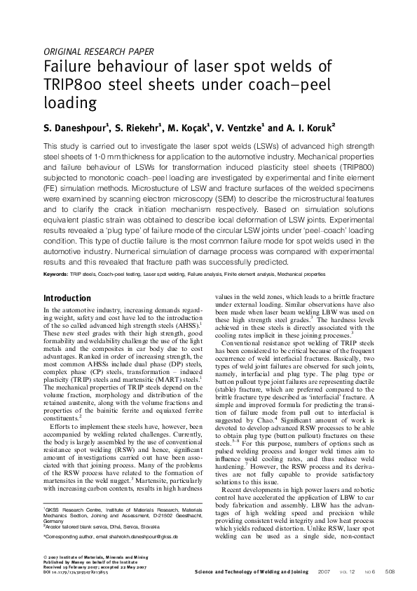 (PDF) Failure behaviour of laser spot welds of TRIP800 steel sheets ...