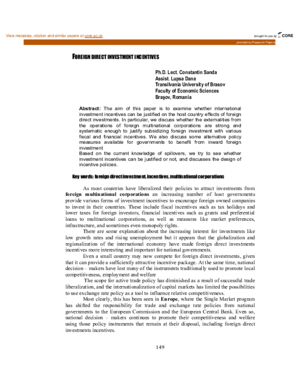 (PDF) Foreign Direct Investment Incentives