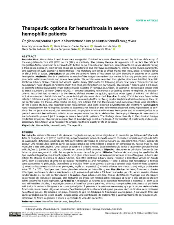 (PDF) Therapeutic options for hemarthrosis in severe hemophilic patients