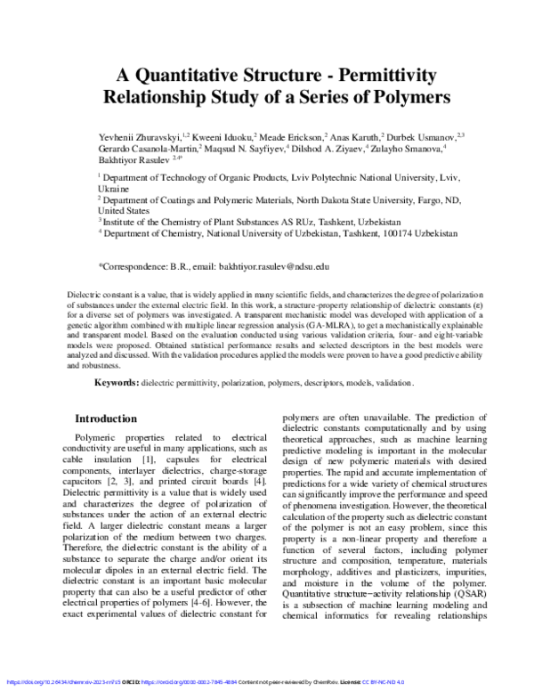 (PDF) A Quantitative Structure - Permittivity Relationship Study of a Series of Polymers
