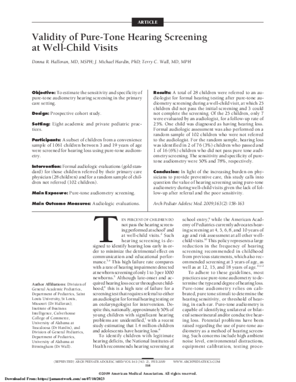 (PDF) Validity of Pure-Tone Hearing Screening at Well-Child Visits