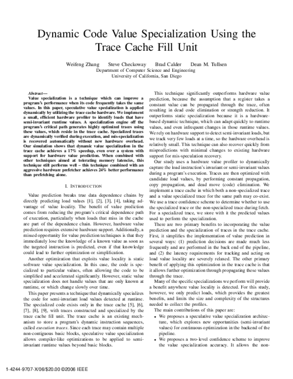(PDF) Dynamic Code Value Specialization Using the Trace Cache Fill Unit