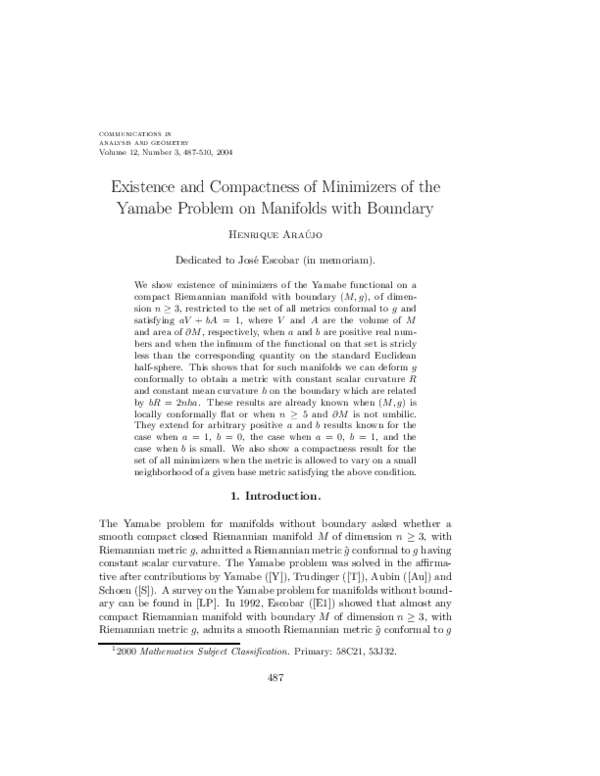 (PDF) Existence and Compactness of Minimizers of the Yamabe Problem on Manifolds with Boundary