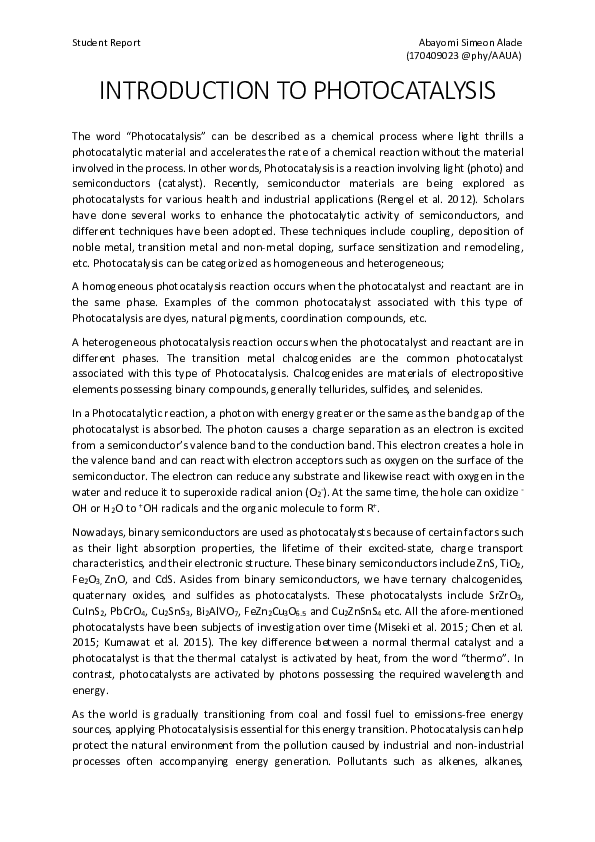 Pdf Introduction To Photocatalysis