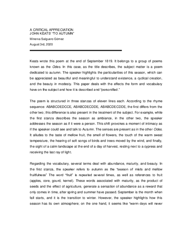 (PDF) A CRITICAL APPRECIATION JOHN KEATS' "TO AUTUMN"