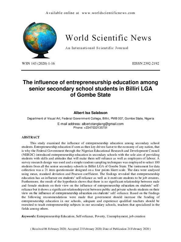 (PDF) The influence of entrepreneurship education among senior ...