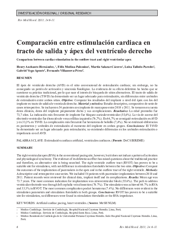 (PDF) Comparación entre estimulación cardiaca en tracto de salida y Ápex del ventrículo derecho