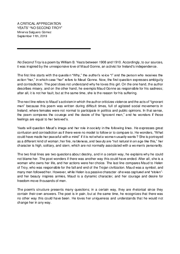 (PDF) A CRITICAL APPRECIATION YEATS' "NO SECOND TROY"