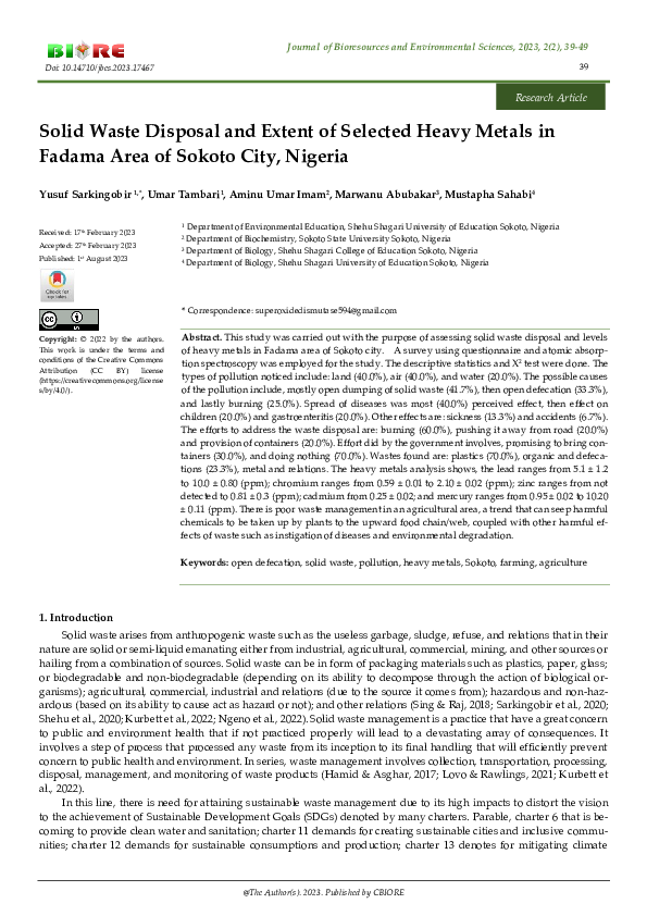 (PDF) Solid Waste Disposal and Extent of Selected Heavy Metals in ...