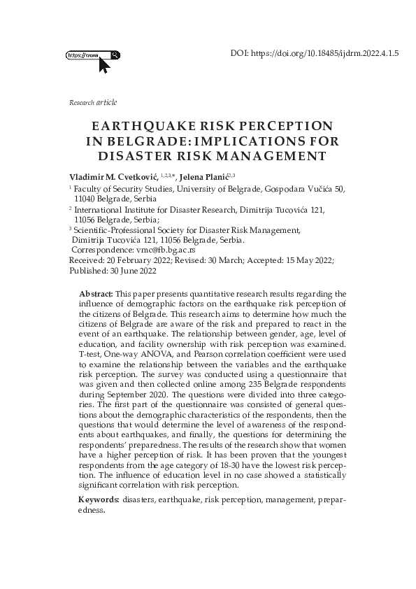 (PDF) EARTHQUAKE RISK PERCEPTION IN BELGRADE: IMPLICATIONS FOR DISASTER RISK MANAGEMENT