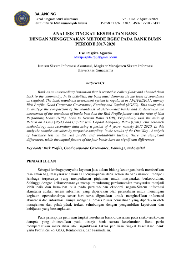 (PDF) ANALISIS TINGKAT KESEHATAN BANK DENGAN MENGGUNAKAN METODE RGEC PADA PT BANK PEMBANGUNAN ...