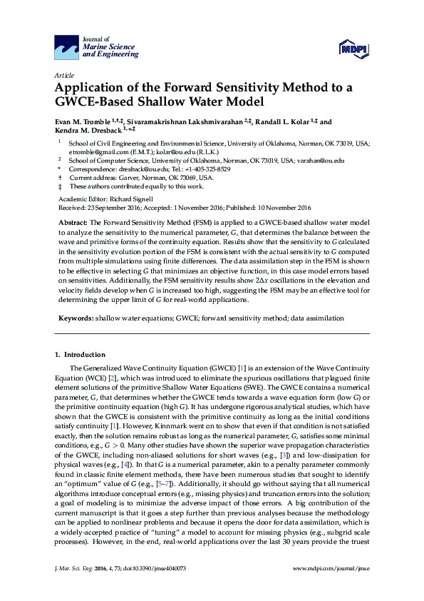 (PDF) Application of the Forward Sensitivity Method to a GWCE-Based Shallow Water Model