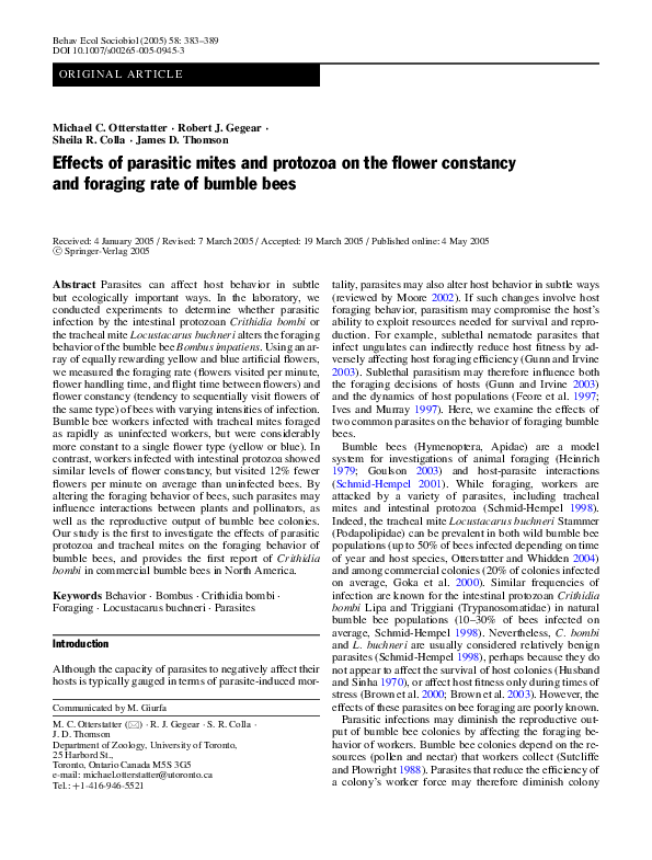 (PDF) Effects of parasitic mites and protozoa on the flower constancy ...