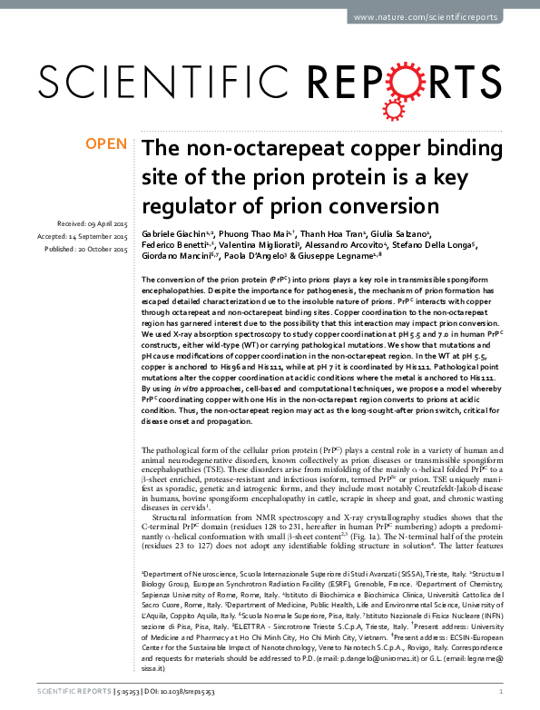 (PDF) The non-octarepeat copper binding site of the prion protein is a ...