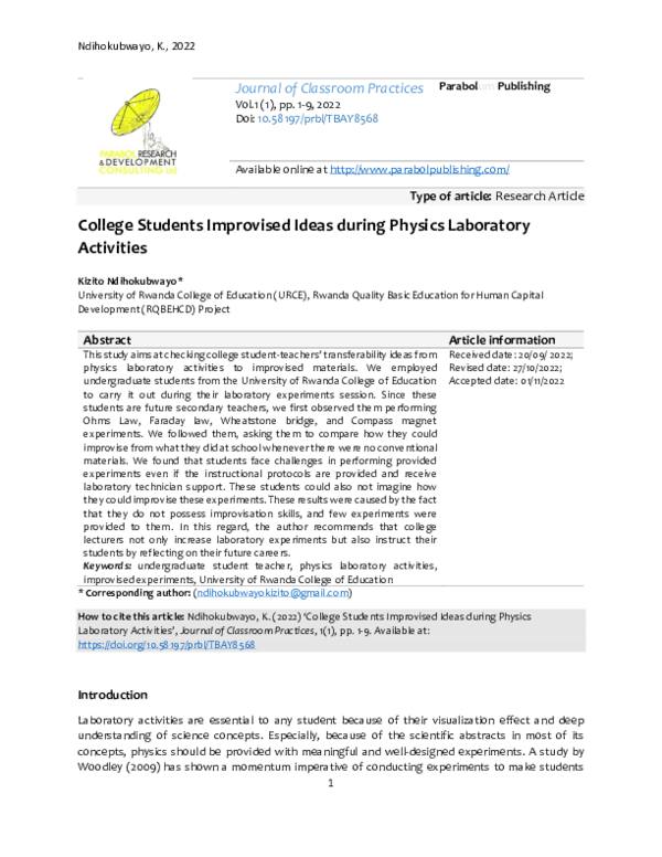 (PDF) College Students Improvised Ideas during Physics Laboratory ...