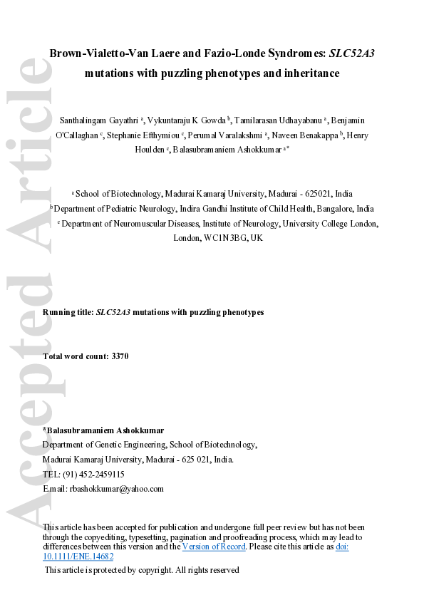(PDF) Brown−Vialetto−Van Laere and Fazio−Londe syndromes: SLC52A3 ...