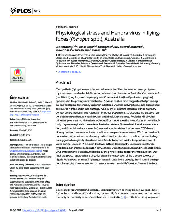 (PDF) Physiological stress and Hendra virus in flying-foxes (Pteropus ...