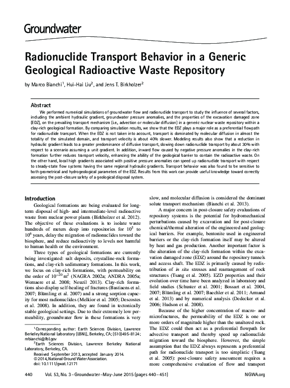 (PDF) Radionuclide Transport Behavior in a Generic Geological ...