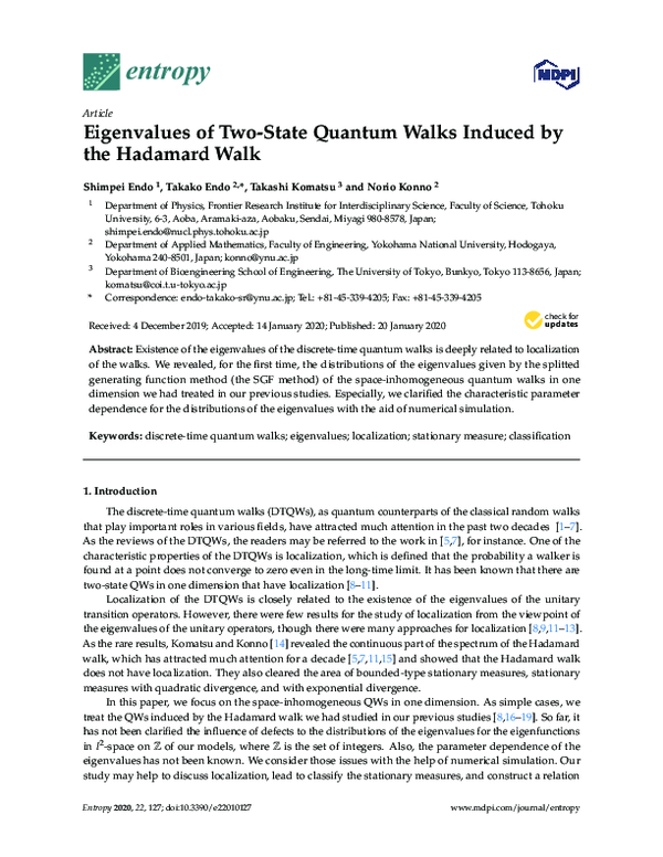 (PDF) Eigenvalues of Two-State Quantum Walks Induced by the Hadamard Walk