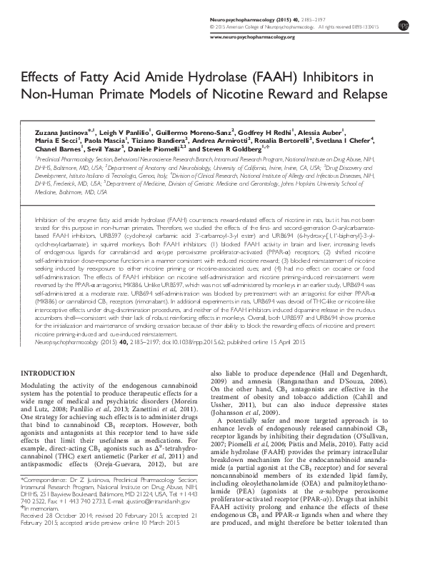 (PDF) Effects of Fatty Acid Amide Hydrolase (FAAH) Inhibitors in Non ...