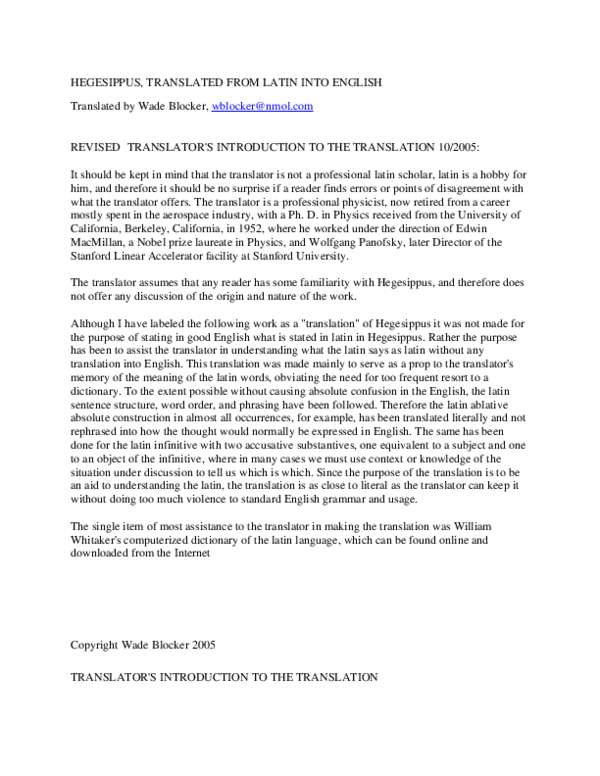(PDF) HEGESIPPUS, TRANSLATED FROM LATIN INTO ENGLISH