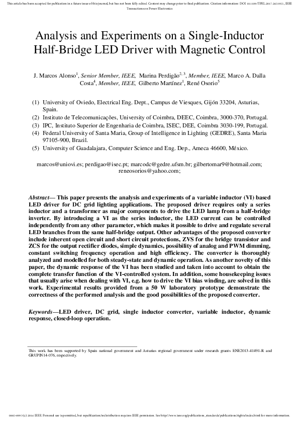 (PDF) Analysis and Experiments on a Single-Inductor Half-Bridge LED Driver With Magnetic Control