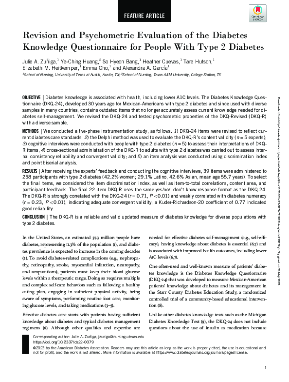 (PDF) Revision and Psychometric Evaluation of the Diabetes Knowledge ...