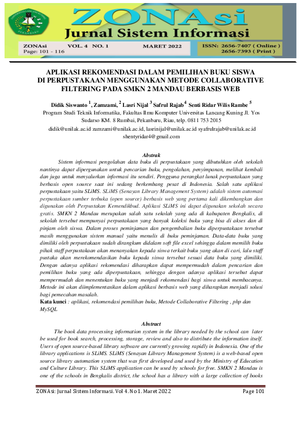 (PDF) Aplikasi Rekomendasi Dalam Pemilihan Buku Siswa DI Perpustakaan Menggunakan Metode ...