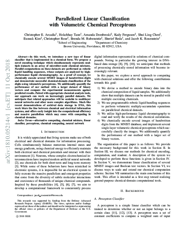 Pdf Parallelized Linear Classification With Volumetric Chemical Perceptrons Brenda