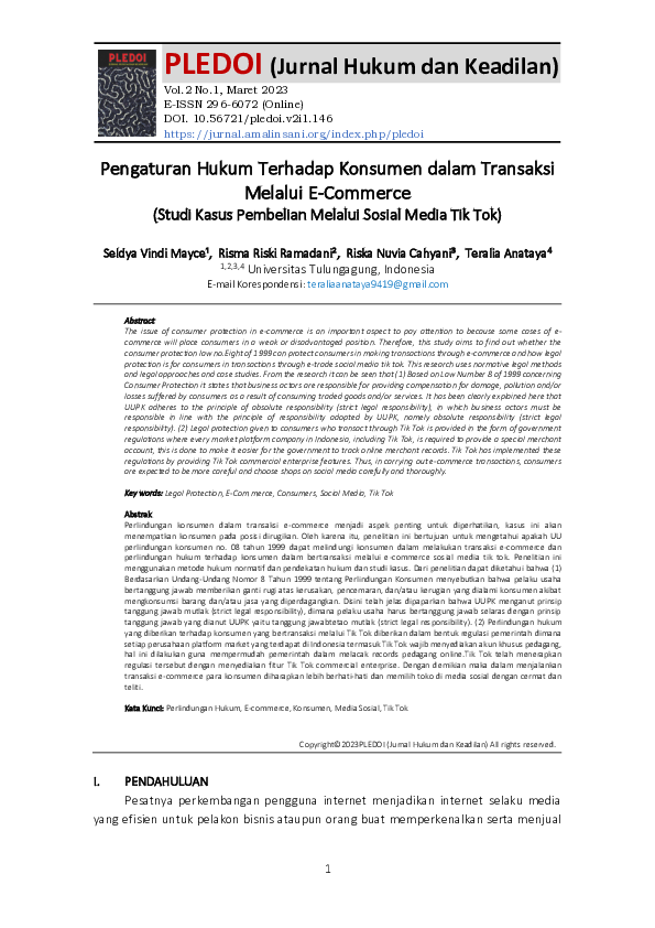 (PDF) Perlindungan Hukum Terhadap Konsumen Dalam Transaksi Melalui E-Commerce