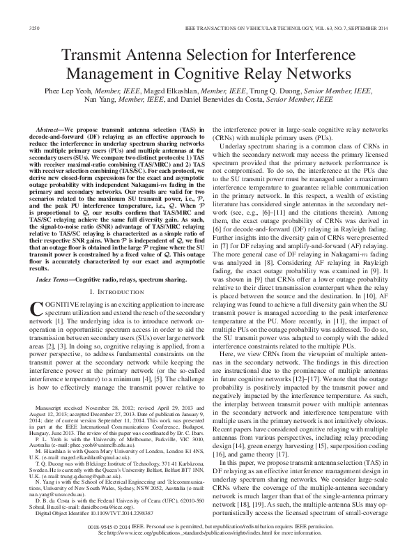 Pdf Transmit Antenna Selection For Interference Management In Cognitive Relay Networks