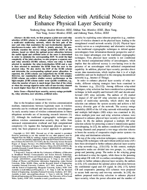 Pdf User And Relay Selection With Artificial Noise To Enhance Physical Layer Security