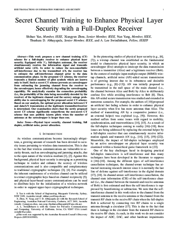 (PDF) Secret Channel Training to Enhance Physical Layer Security With a Full-Duplex Receiver