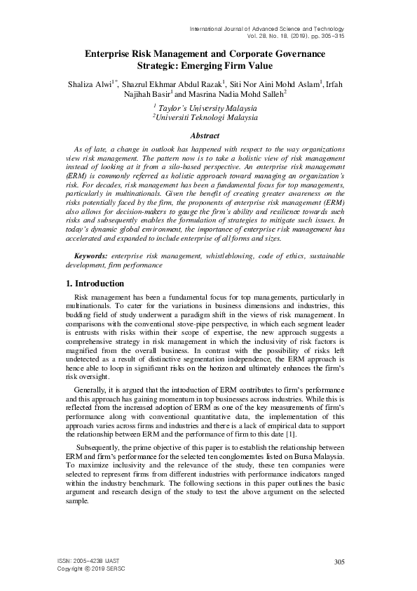 (PDF) Enterprise Risk Management and Corporate Governance