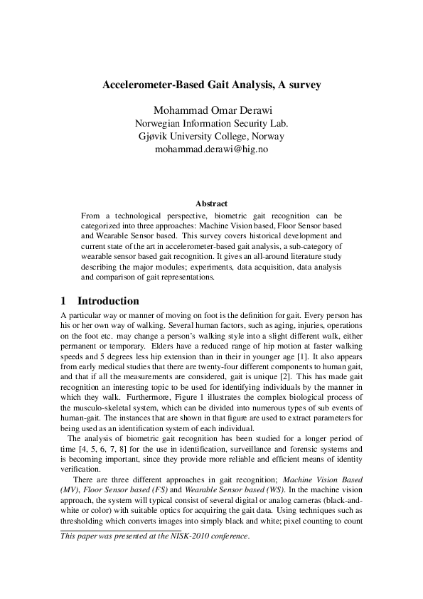 (PDF) Accelerometer-Based Gait Analysis, A survey