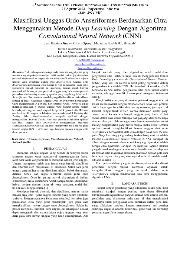 (PDF) Klasifikasi Unggas Ordo Anseriformes Berdasarkan Citra Menggunakan Metode Deep Learning ...