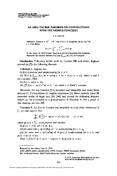 (PDF) An Abel-Tauber Theorem on Convolutions with the Mobius Function
