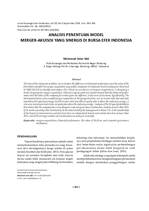 (PDF) Analisis Penentuan Model Merger-Akuisisi Yang Sinergis DI Bursa Efek Indonesia
