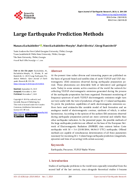 (PDF) Large Earthquake Prediction Methods