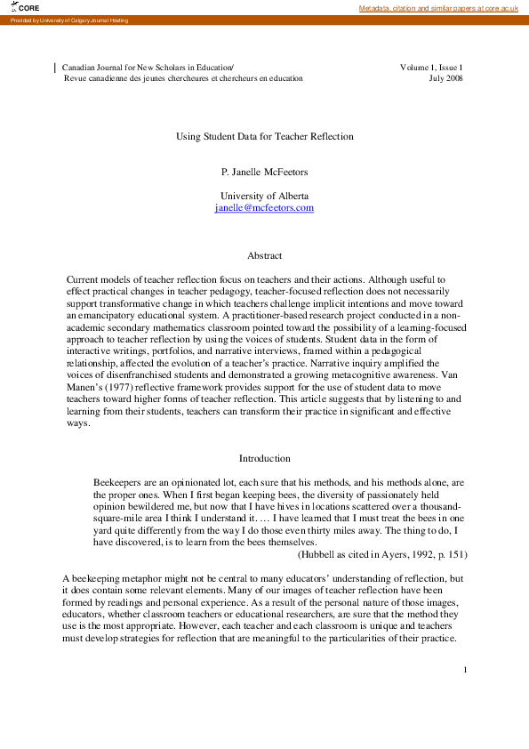 (PDF) Using Student Data for Teacher Reflection