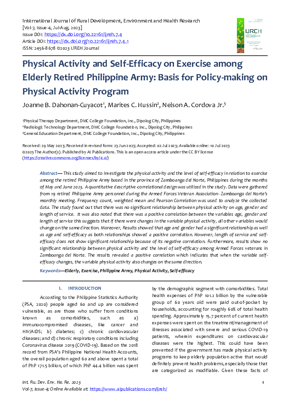 (PDF) Physical Activity and Self-Efficacy on Exercise among Elderly Retired Philippine Army ...