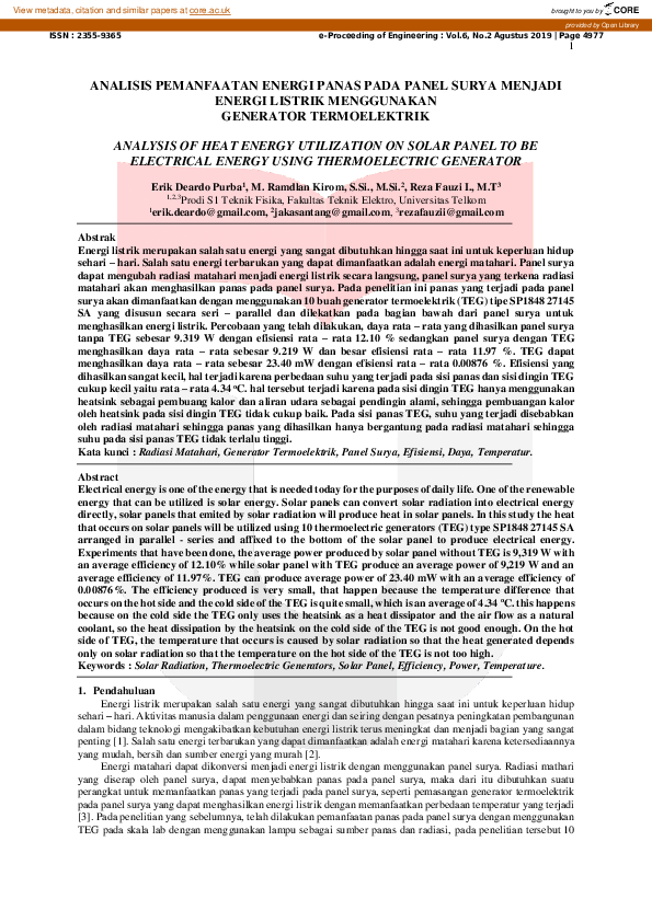(PDF) Analisis Pemanfaatan Energi Panas Pada Panel Surya Menjadi Energi ...
